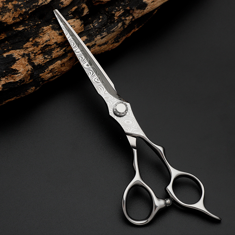 Silver Damascus pattern hairdressing scissors and barber scissors