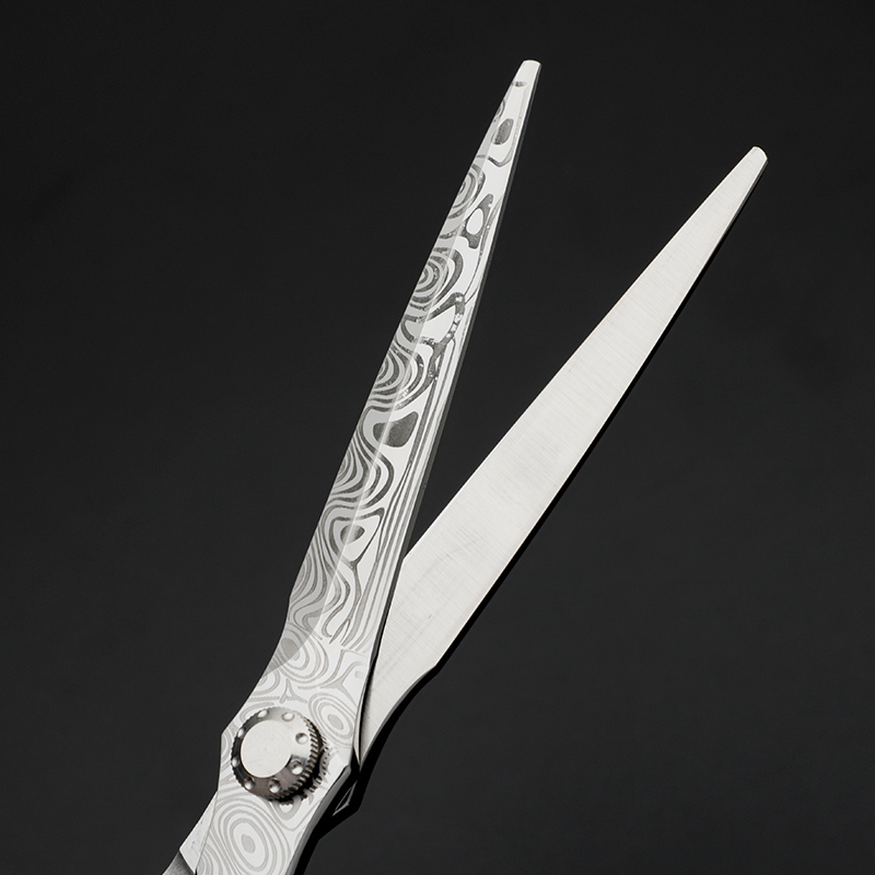 Silver Damascus pattern hairdressing scissors and barber scissors
